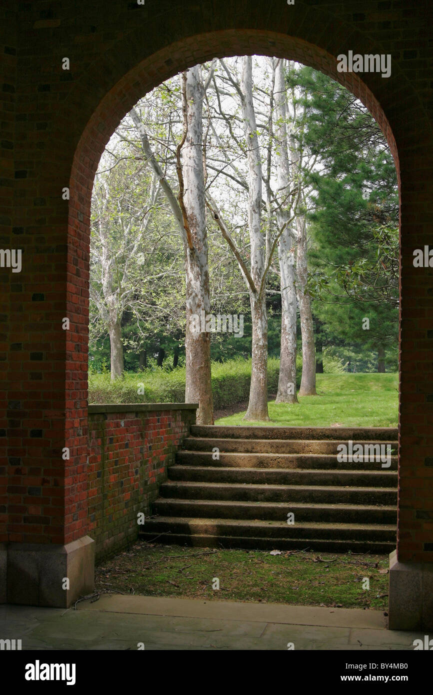 A brick arch frames a view of a row of sycamore trees Stock Photo - Alamy
