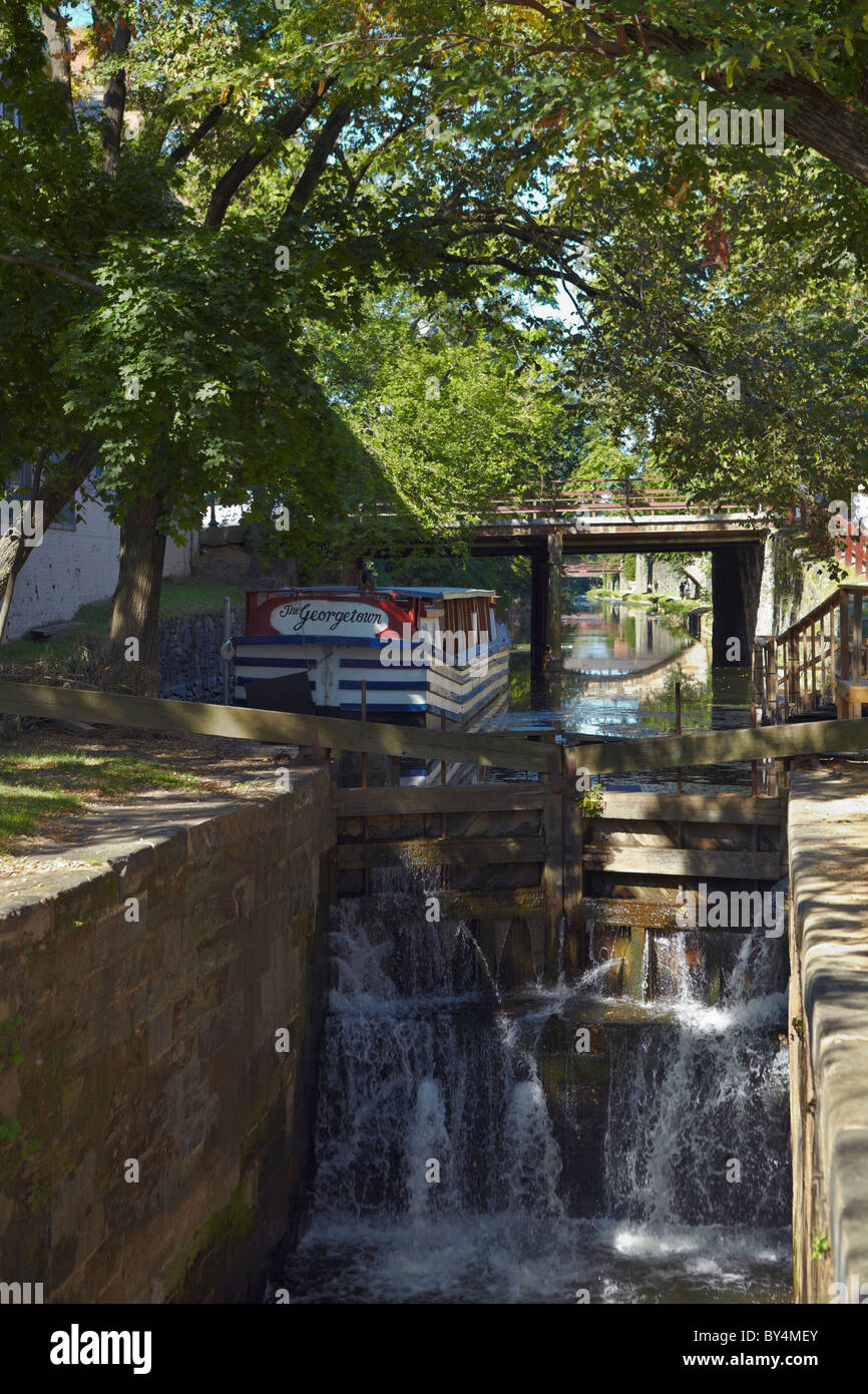 The mule-drawn canal boat, The Georgetown, moored at C&O Canal Lock 4 ...
