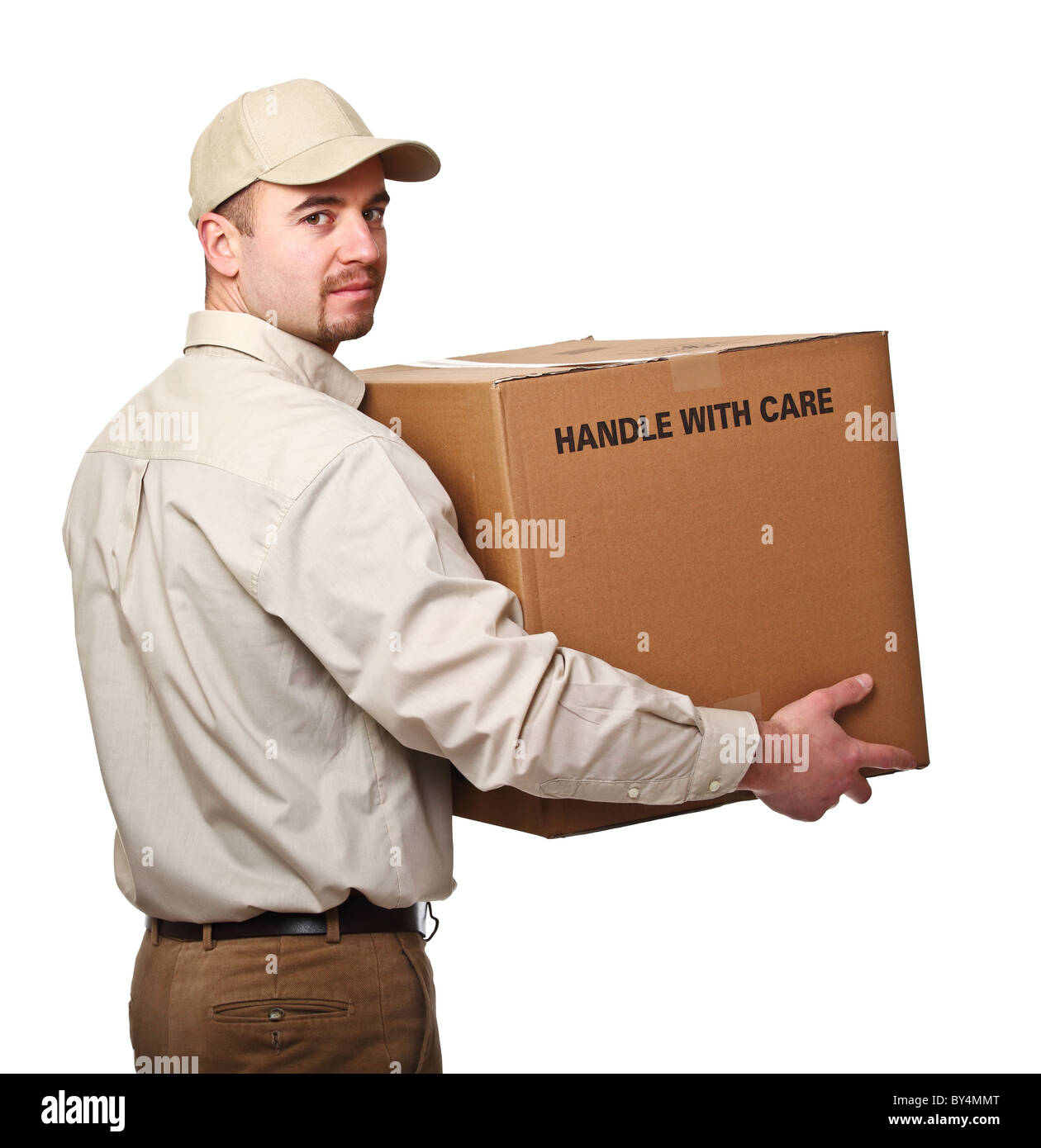 delivery man with parcel rear view isolated on white Stock Photo - Alamy