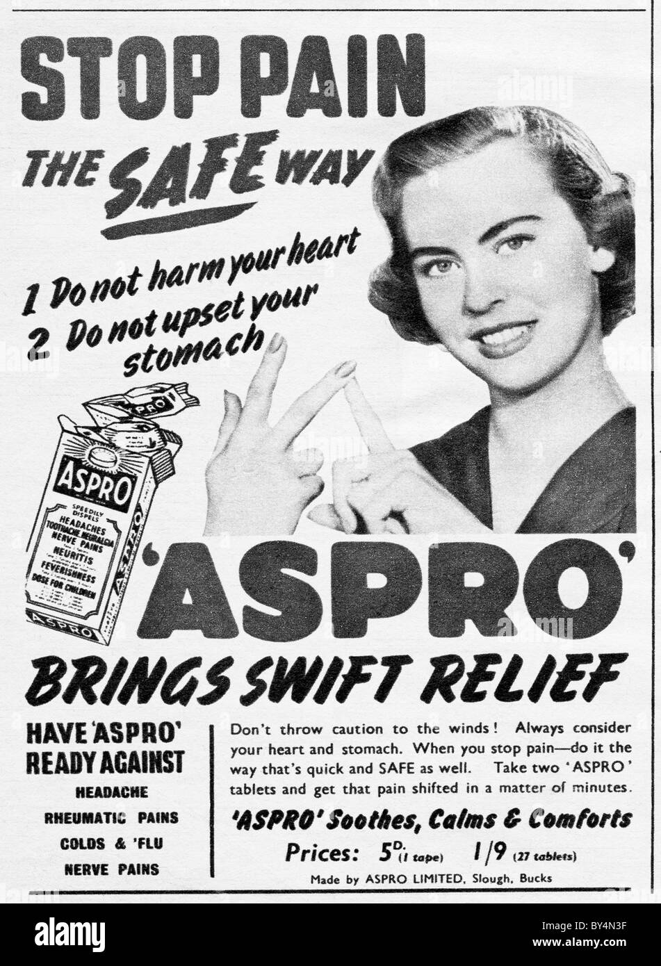 1950s advertisement for Aspro pain relief tablets for headache colds ...