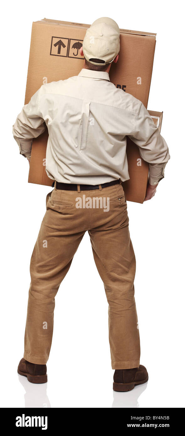 man with two big boxes isolated on white background Stock Photo - Alamy