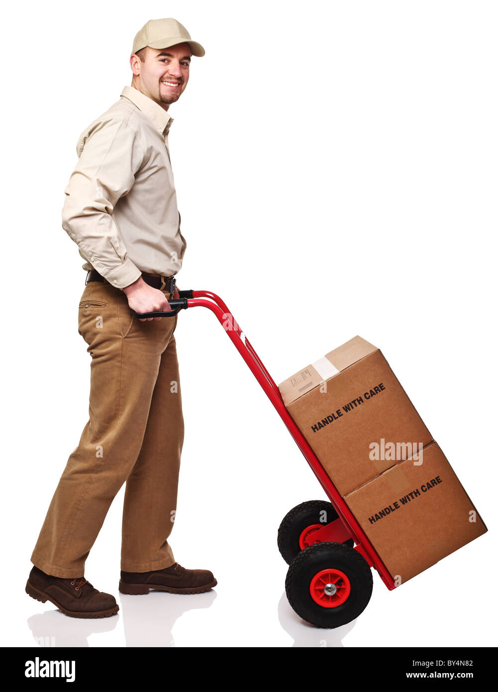 friendly delivery man isolated on white background Stock Photo - Alamy