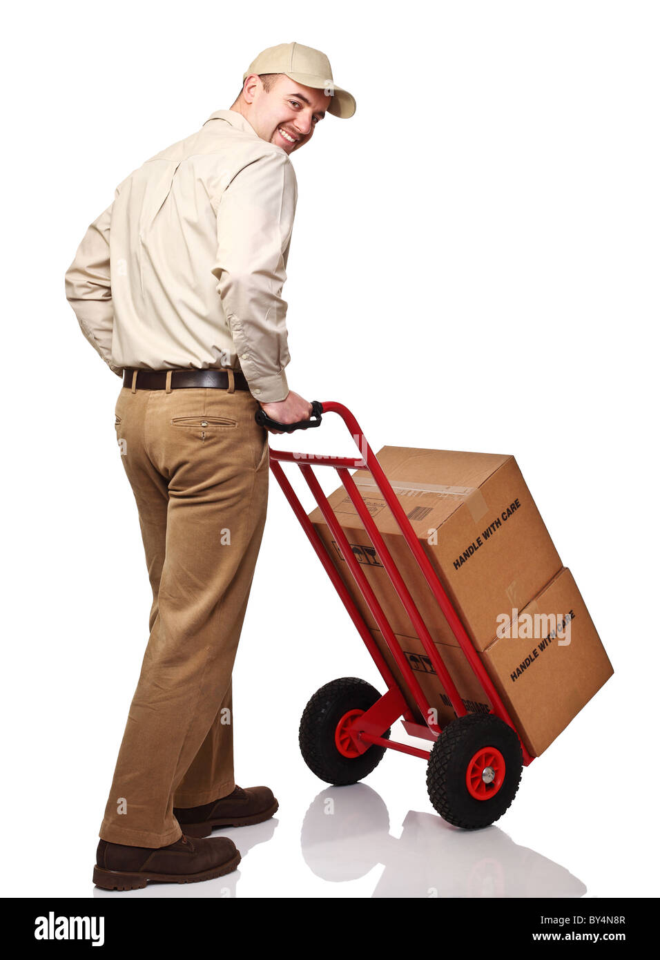delivery man with parcel rear view isolated on white Stock Photo - Alamy