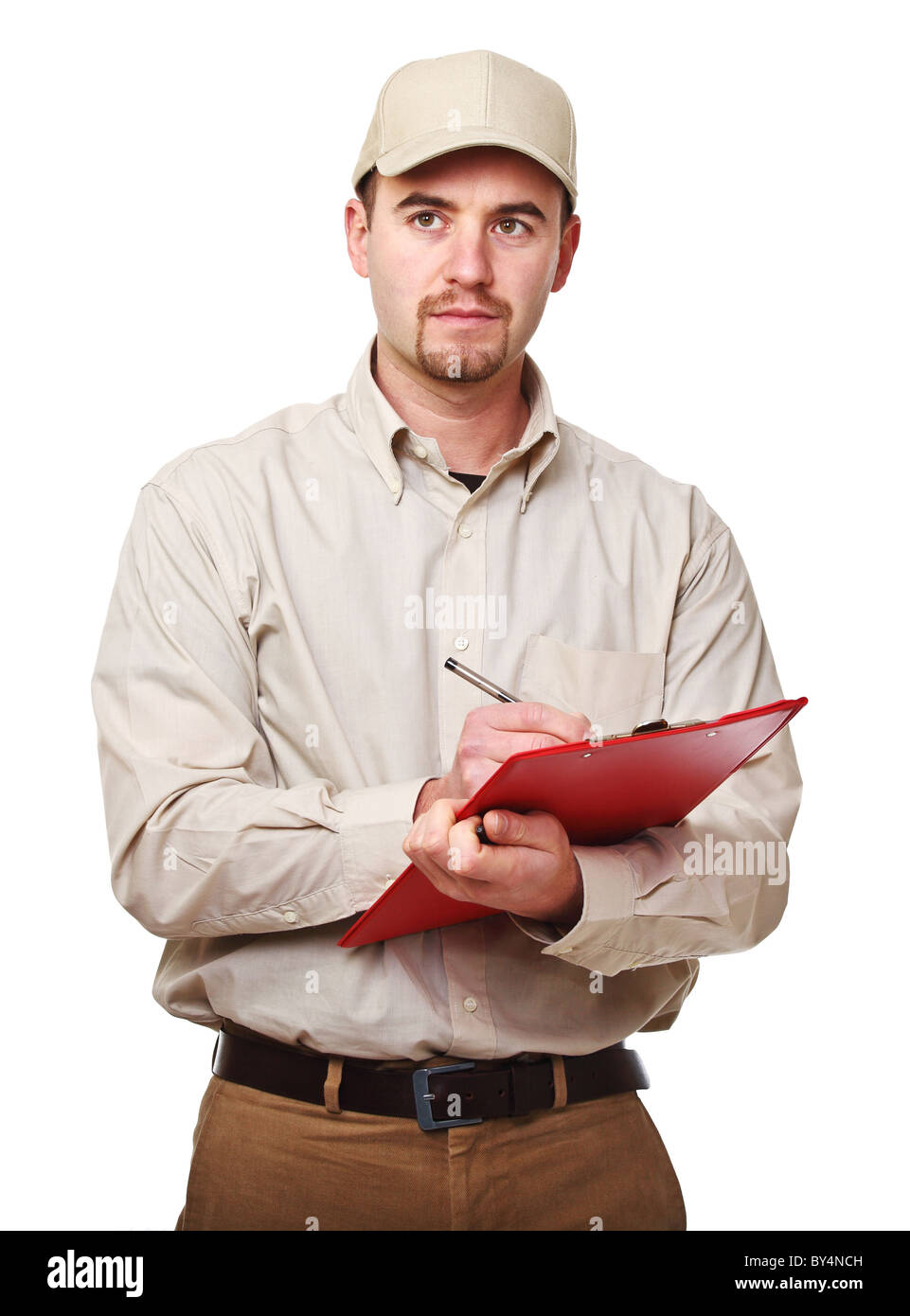 young caucasian delivery man at work isolated on white background Stock ...