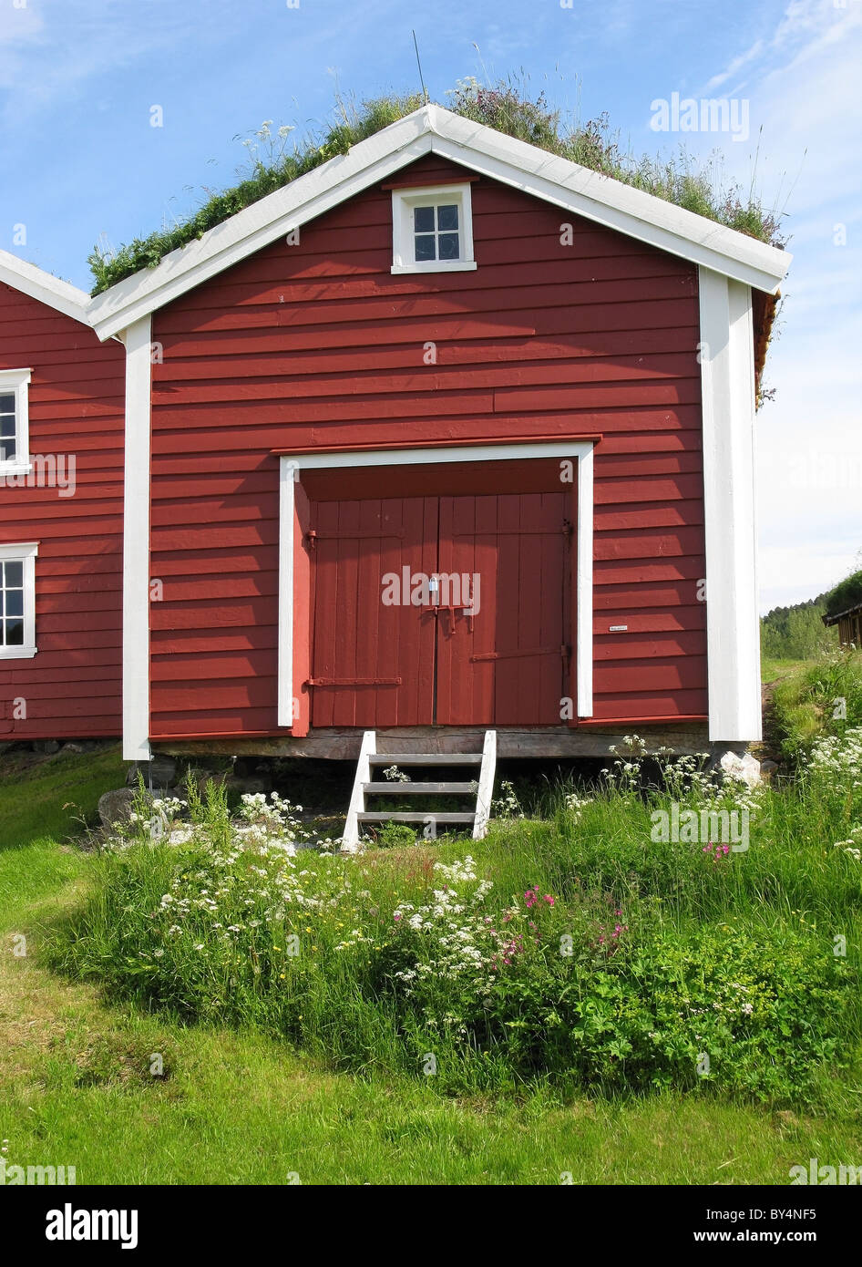 Brightly painted wooden barn / bunkhouse with a turf roof, Kjerringøy ...