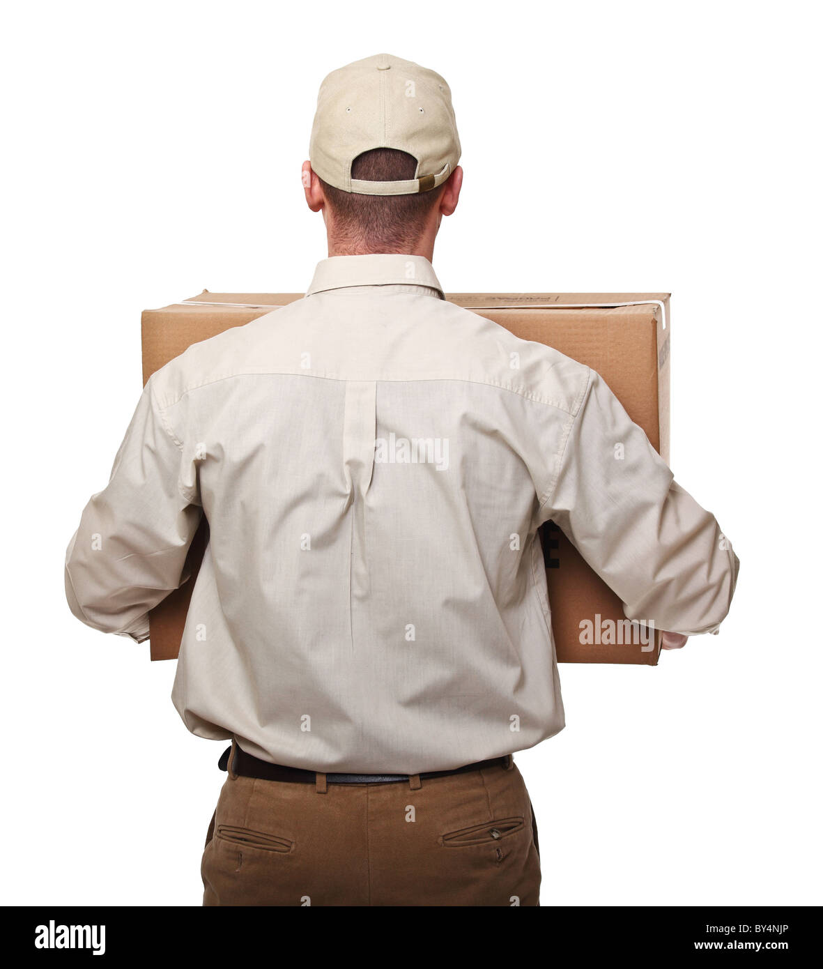delivery man with parcel rear view isolated on white Stock Photo - Alamy