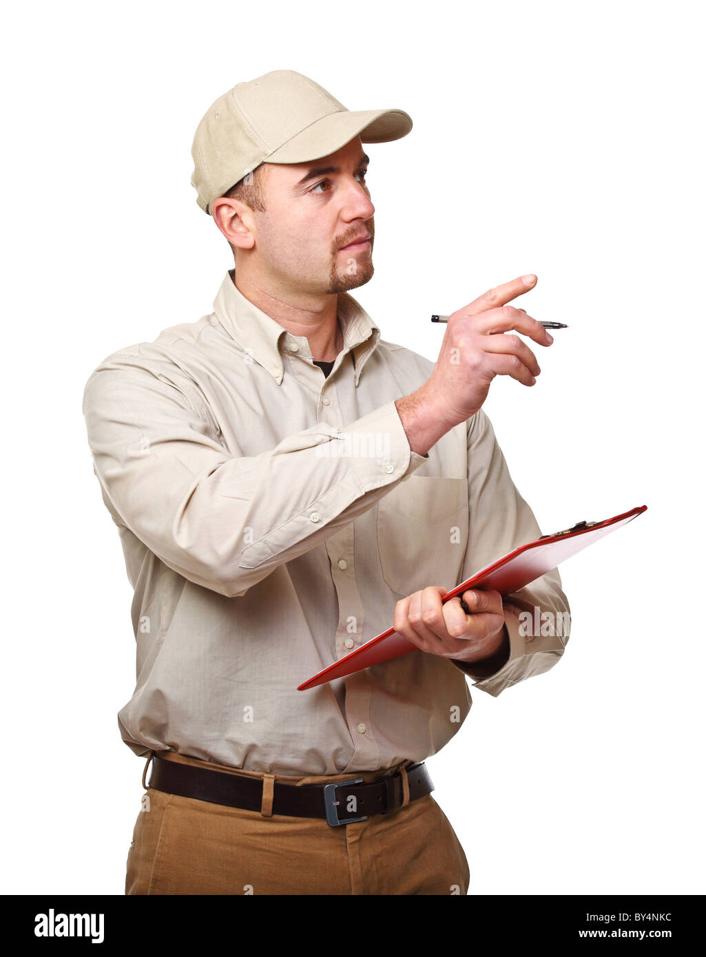 classic young delivery man at work isolated on white Stock Photo - Alamy