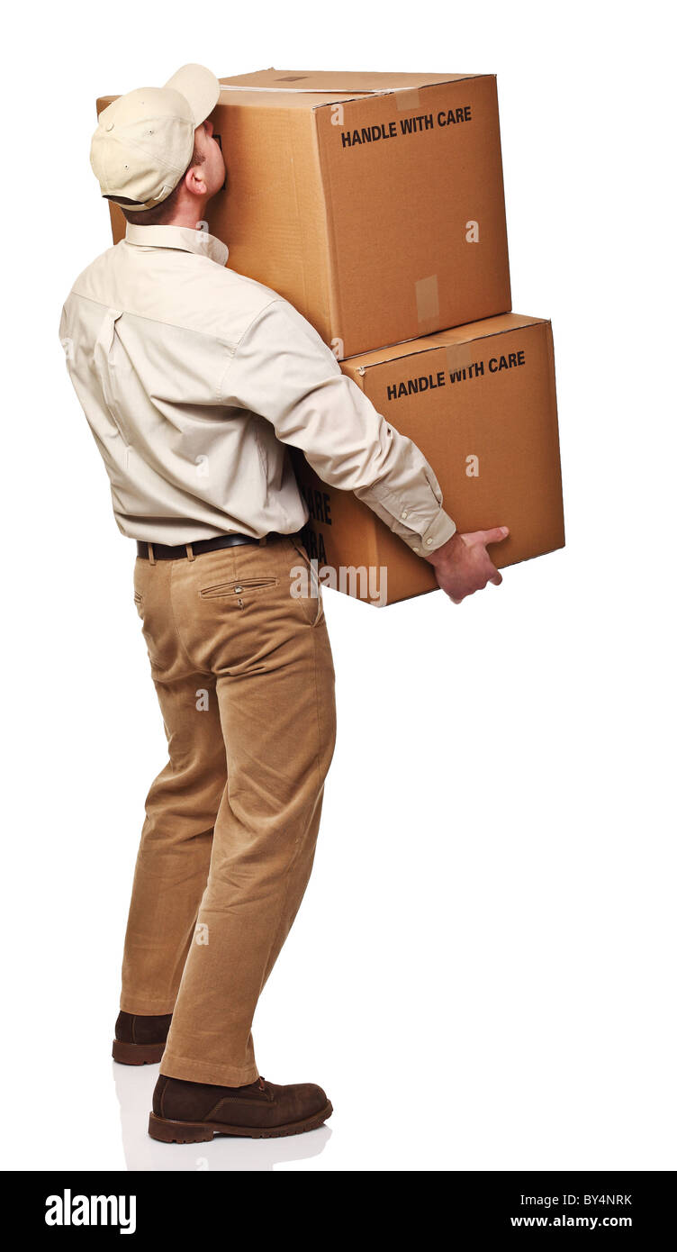 delivery man with parcel rear view isolated on white Stock Photo - Alamy