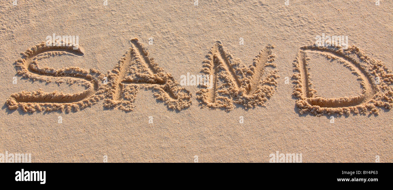 word "sand" written on beach sand. horizontal shot Stock Photo - Alamy