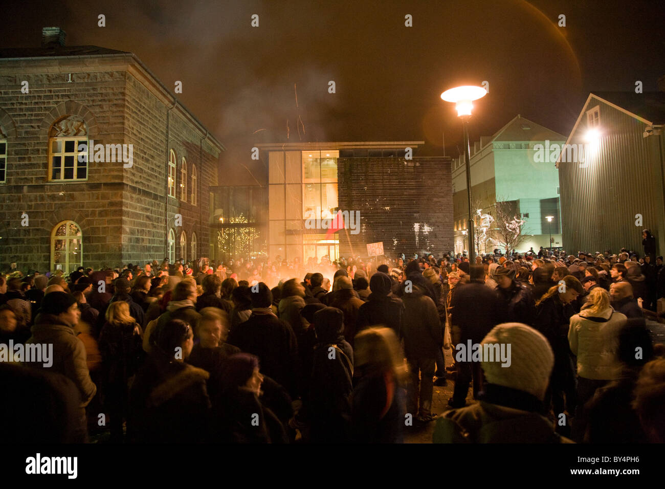 Downtown Reykjavík, Iceland: Demonstrators protest outside The ...