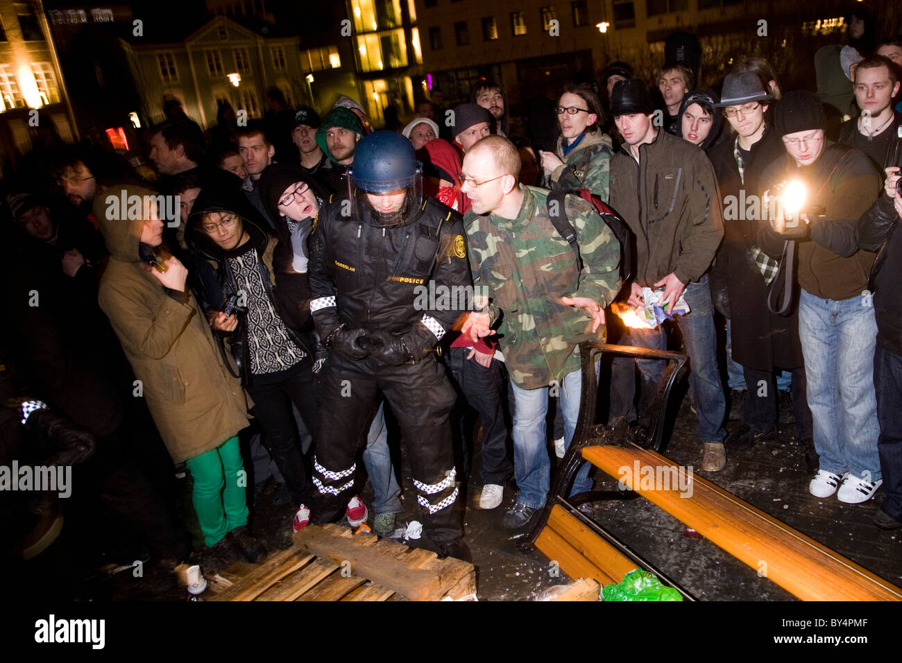 Downtown Reykjavík, Iceland.: Demonstrators protest outside The ...