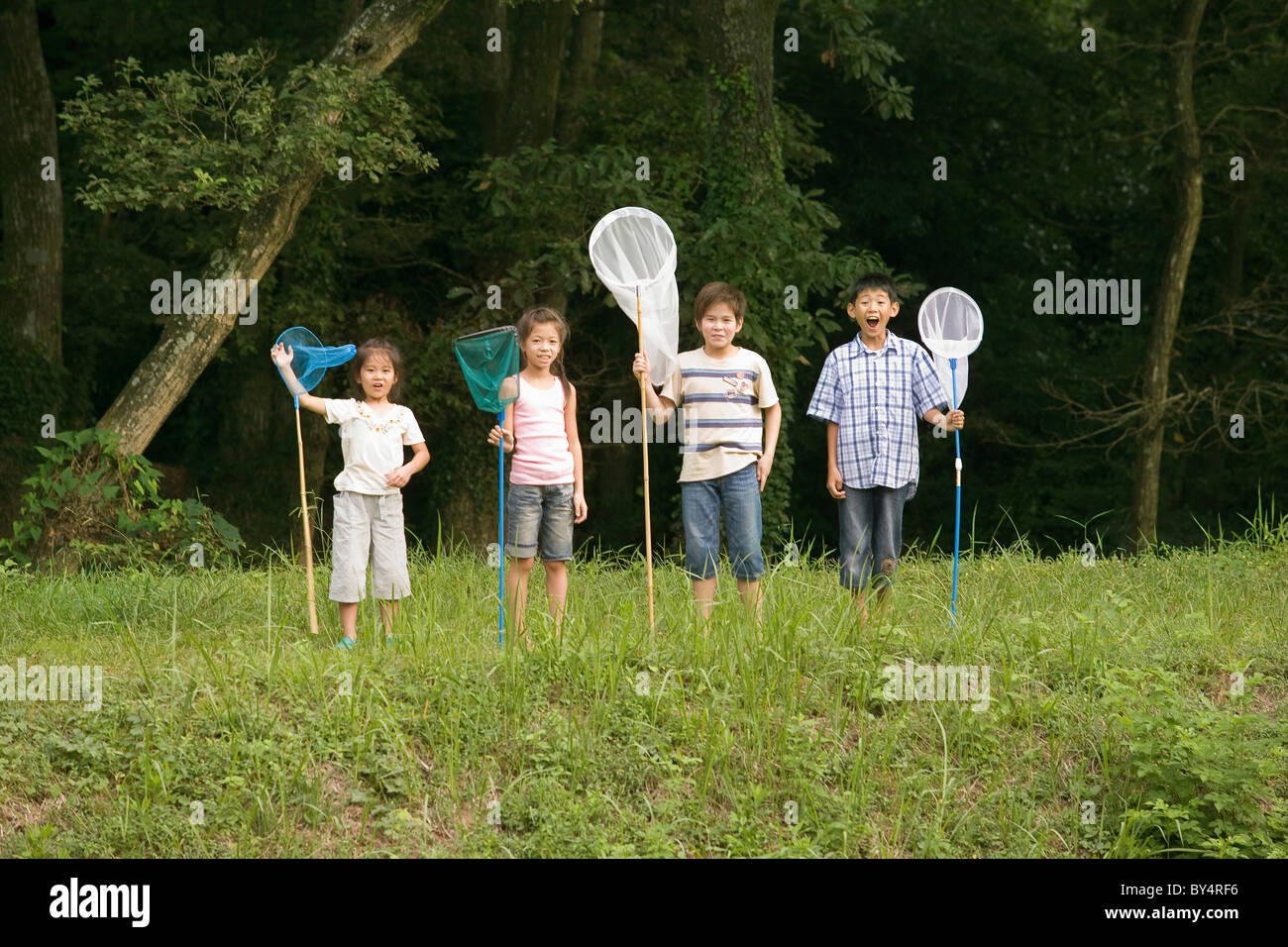 Kids standing with butterfly nets to catch insects, Chiba Prefecture ...
