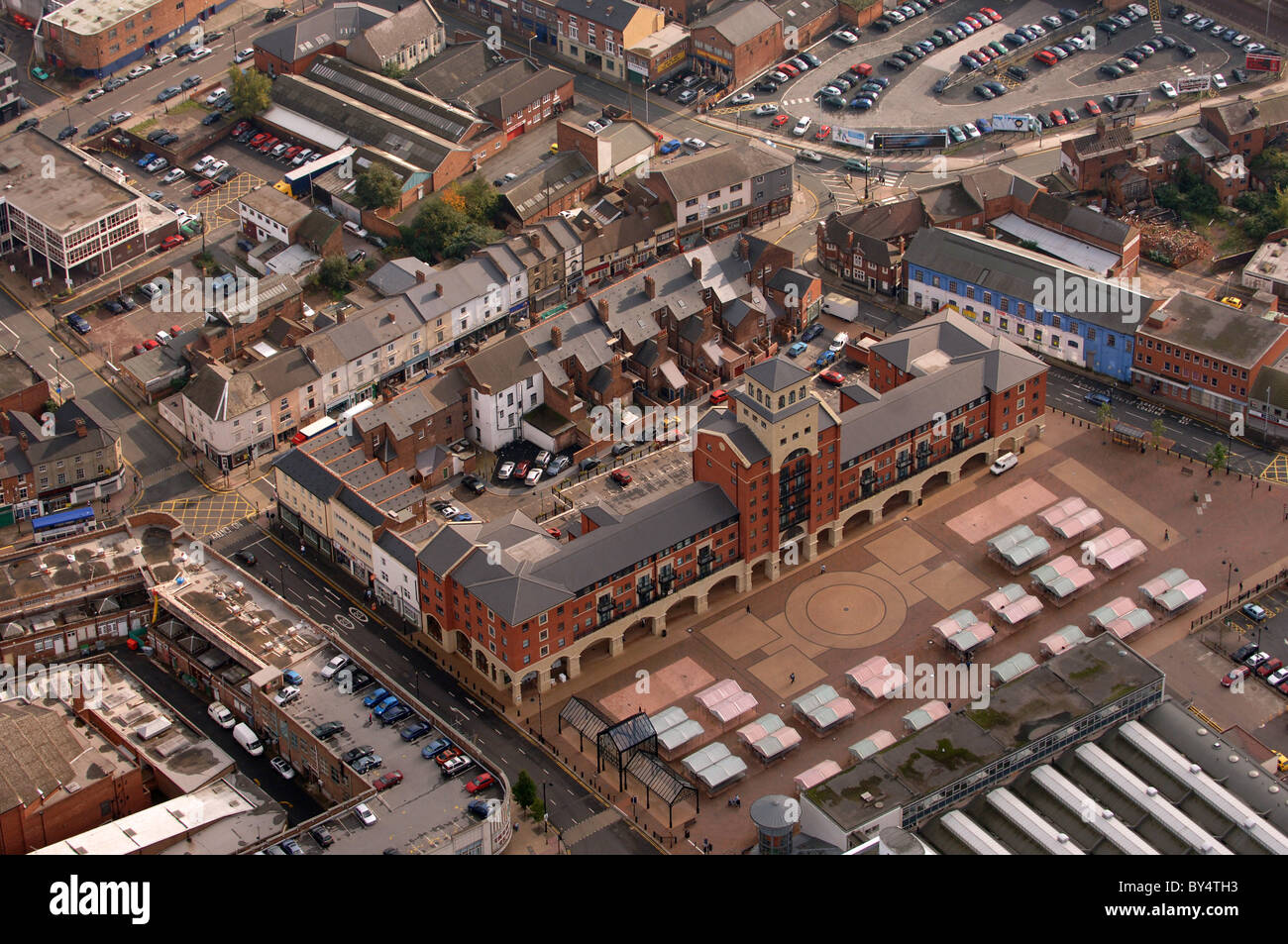 An aerial view of Wolverhampton city centre outdoor market and modern ...