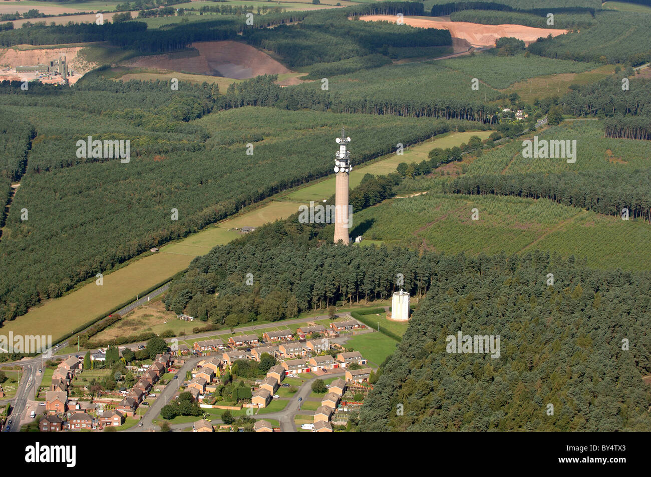 An aerial view of Pye Green BT Tower on Cannock Chase forest and ...