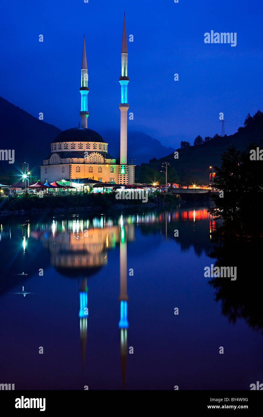 A mosque reflected in Uzun lake, Uzungol, Trabzon Province, Black Sea ...