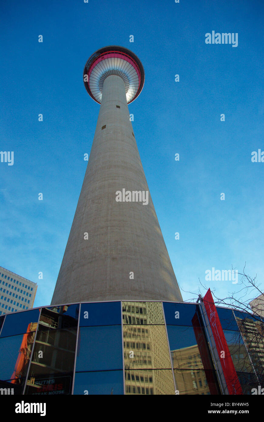 Calgary Tower from below in Calgary, Alberta, Canada Stock Photo - Alamy