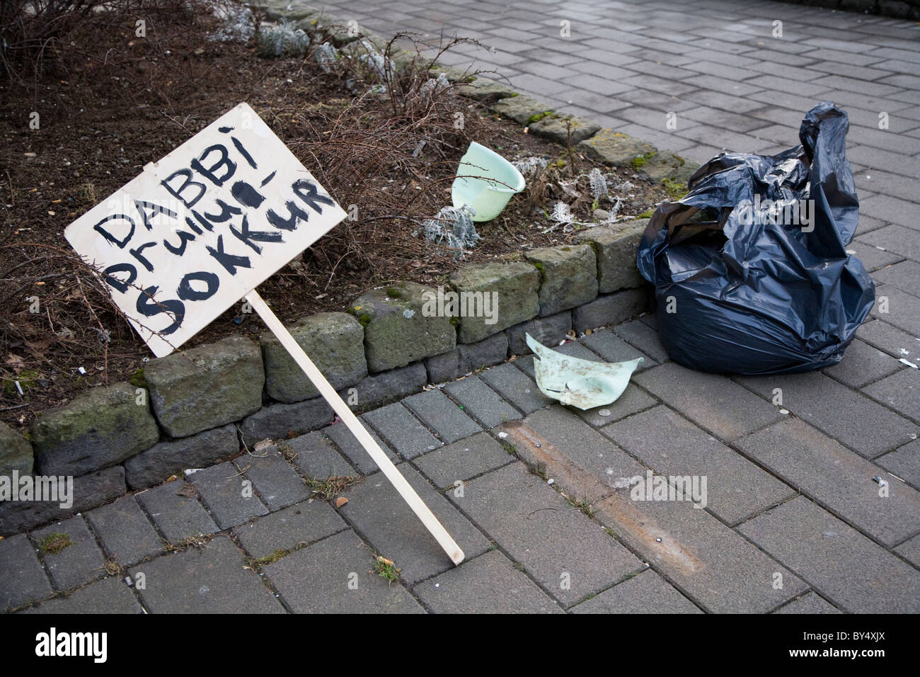 Protestors sign reads ´Dabbi Drullusokkur´ or translates ´Dabbi scumbag ...