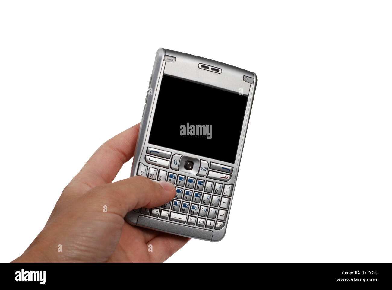 Multimedial personal digital smartphone in hand isolated on white ...