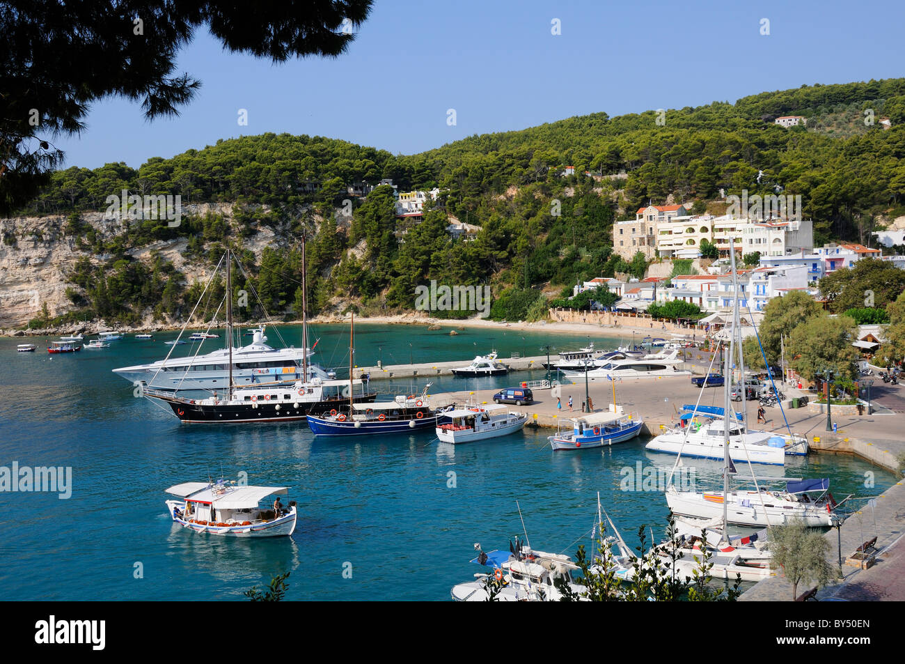 Patitiri harbour and port on the greek island of Alonissos, Sporades ...