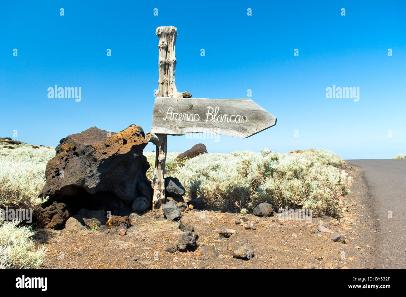 El Hierro, Canary Islands, Spain. Typical carved wooden road sign ...