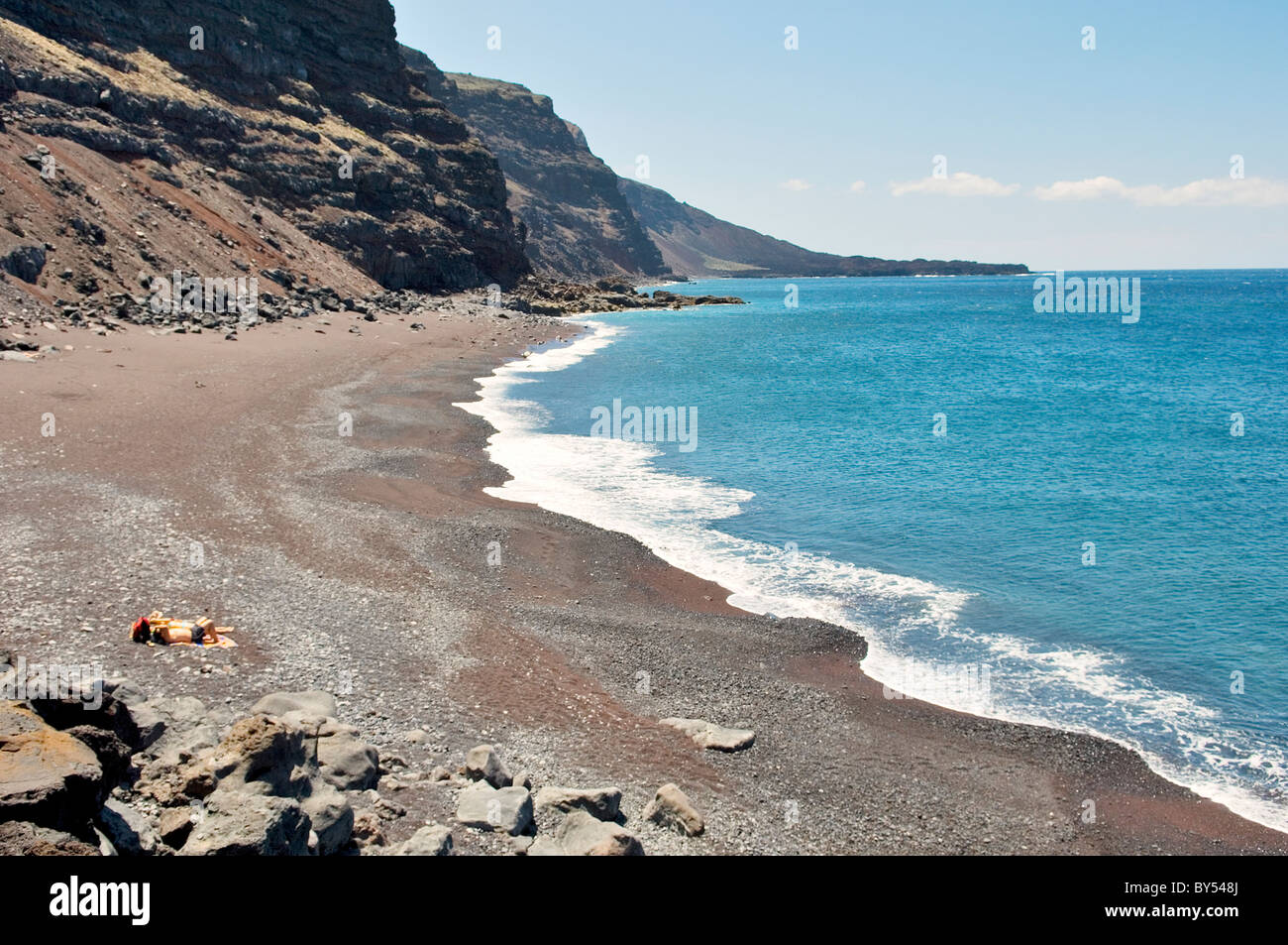 El Hierro, Canary Islands. The red black volcanic sand beach of the ...