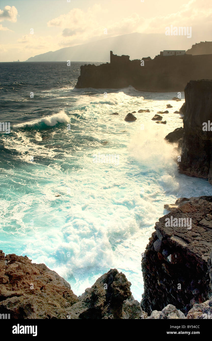 El Hierro, Canary Islands. The black basalt rocky coastline looking east from Pozo de la Salud ...