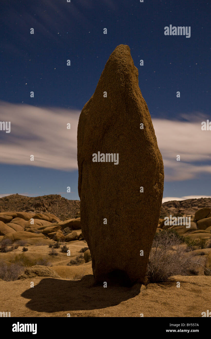 Moonlight illuminates the landscape at night in the Jumbo Rocks ...