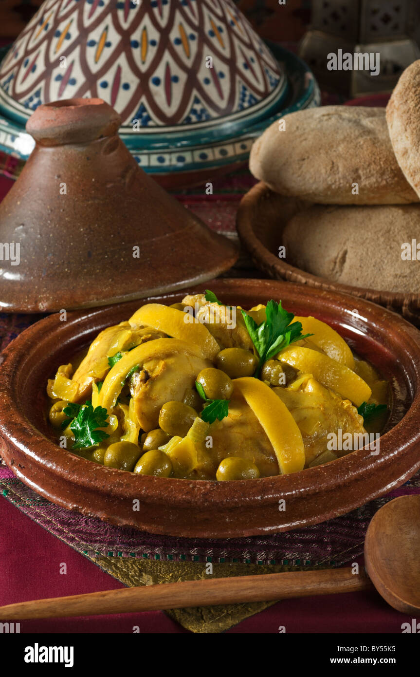 Tagine of chicken with green olives and lemon. Morocco Food Stock Photo ...