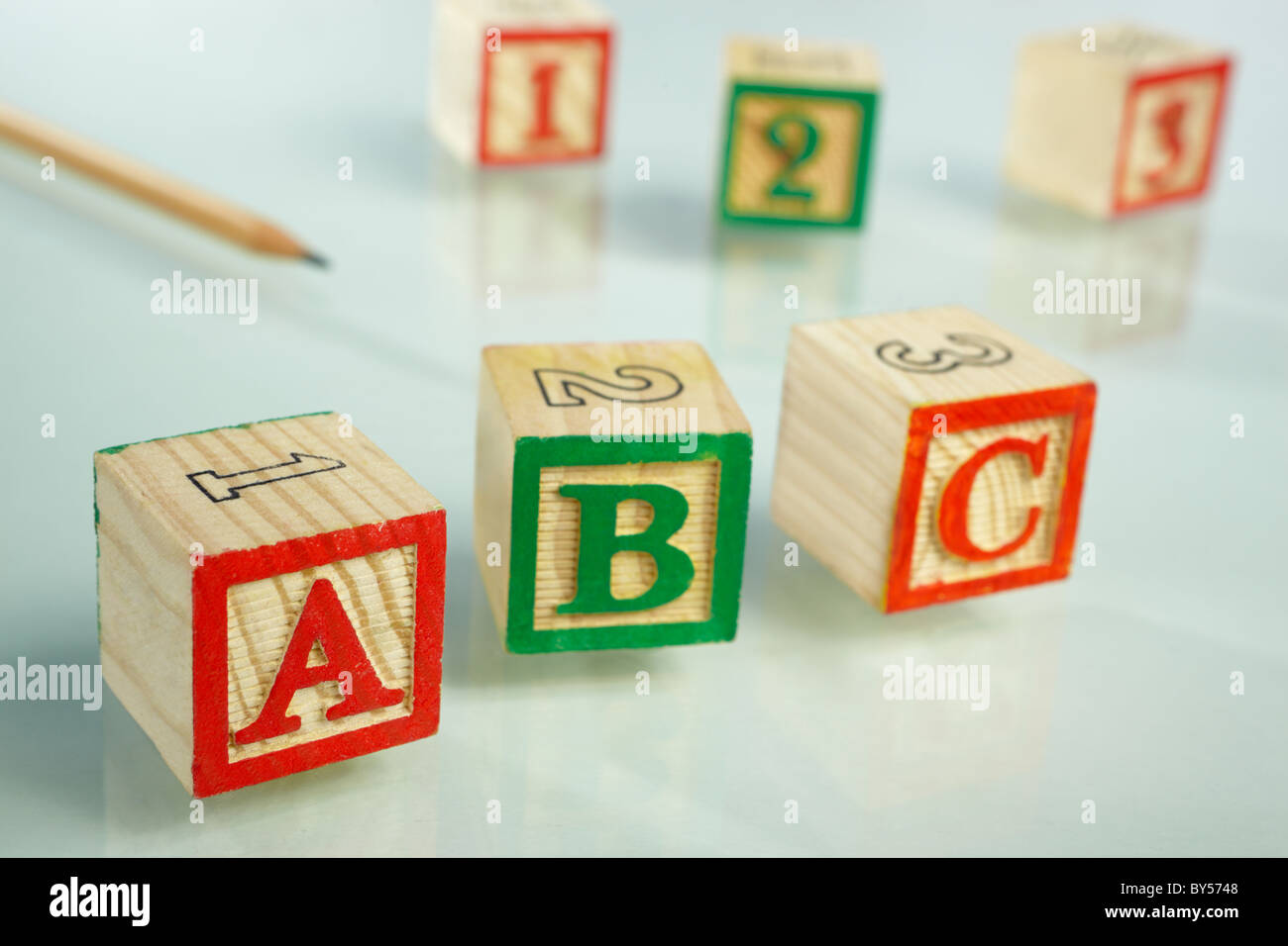 Alphabet A, B and C also number 1,2,3 scatter around Stock Photo - Alamy