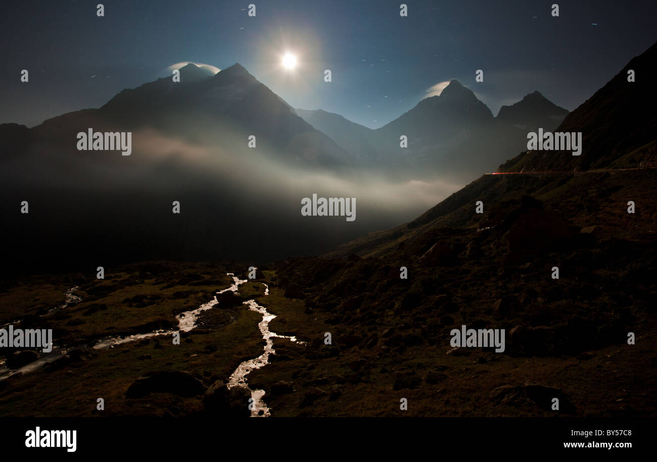 mountains and rivers streams in moonlight Stock Photo - Alamy