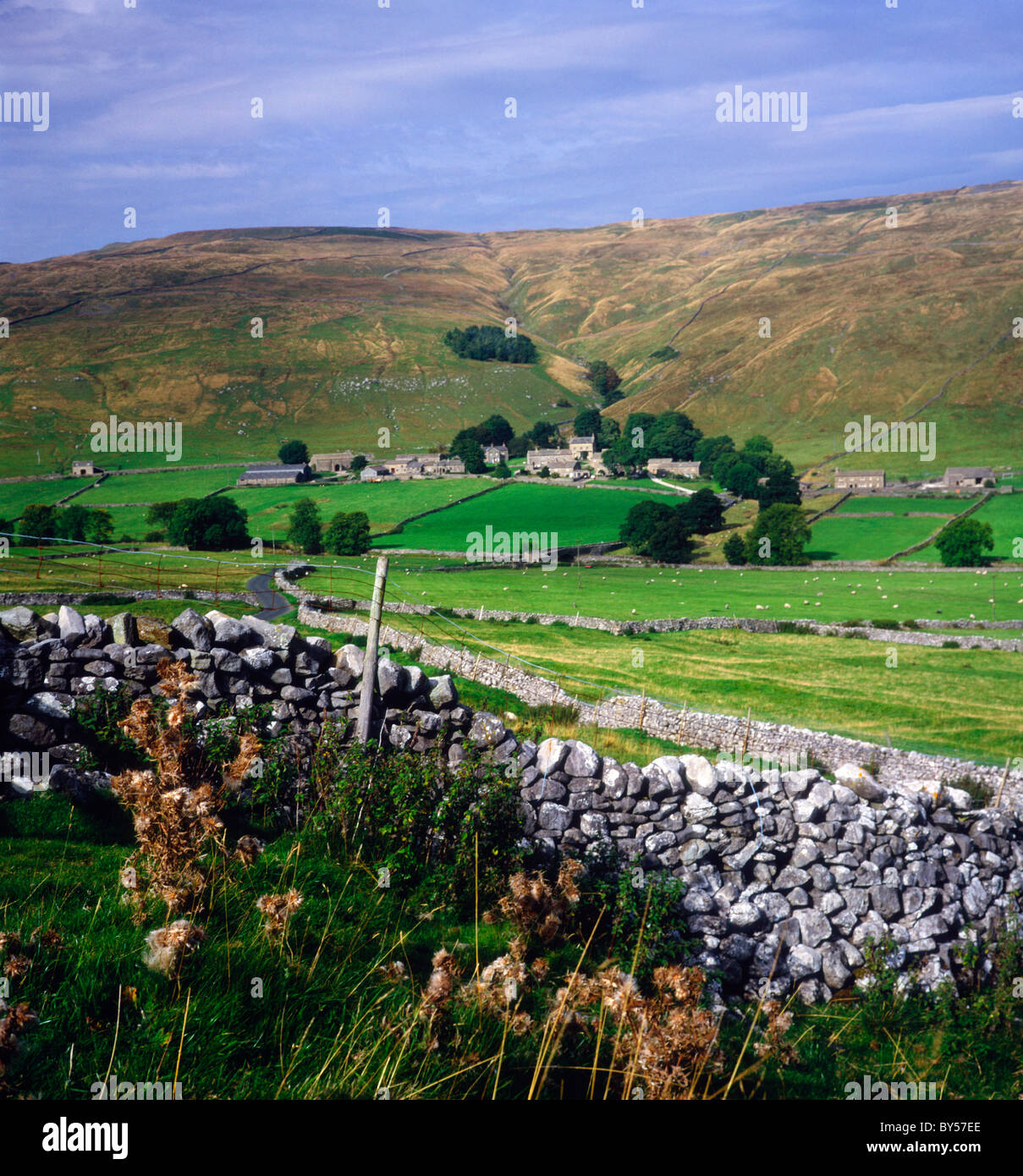 Limestone scenery Yorkshire dales national park England view to Halton ...