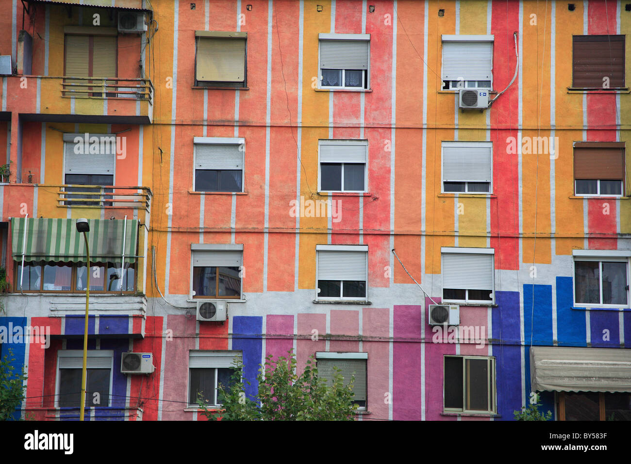 Albania, Tirane, Tirana, Exterior of multi-coloured apartment block ...