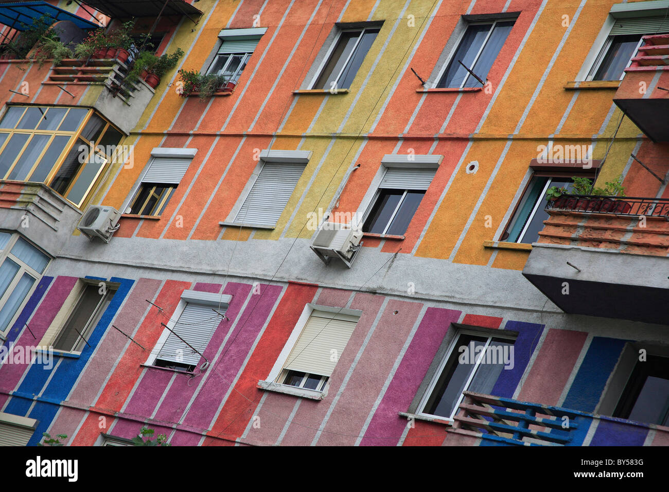 Albania, Tirane, Tirana, Exterior of multi-coloured apartment block ...
