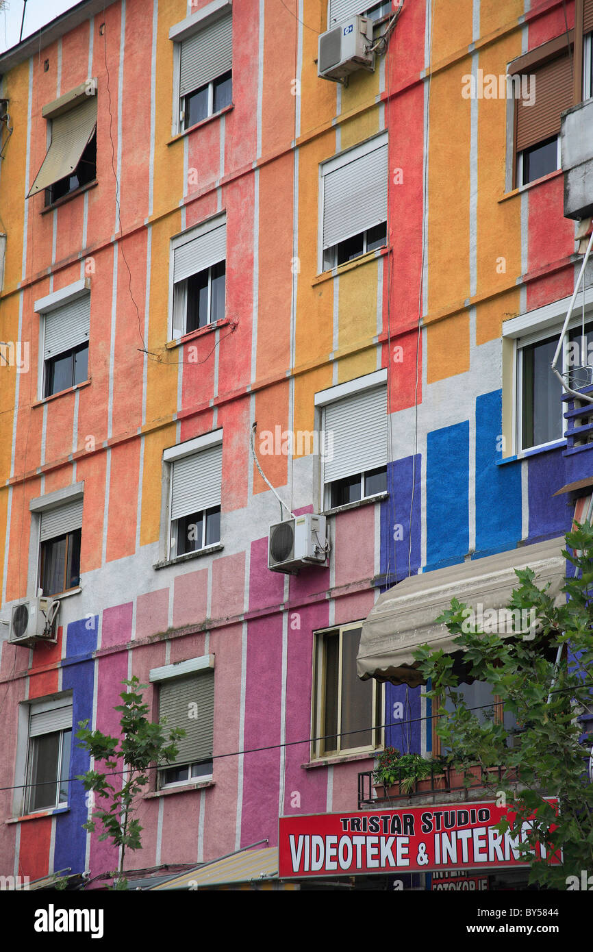 Albania, Tirane, Tirana, Exterior of multi-coloured apartment block ...