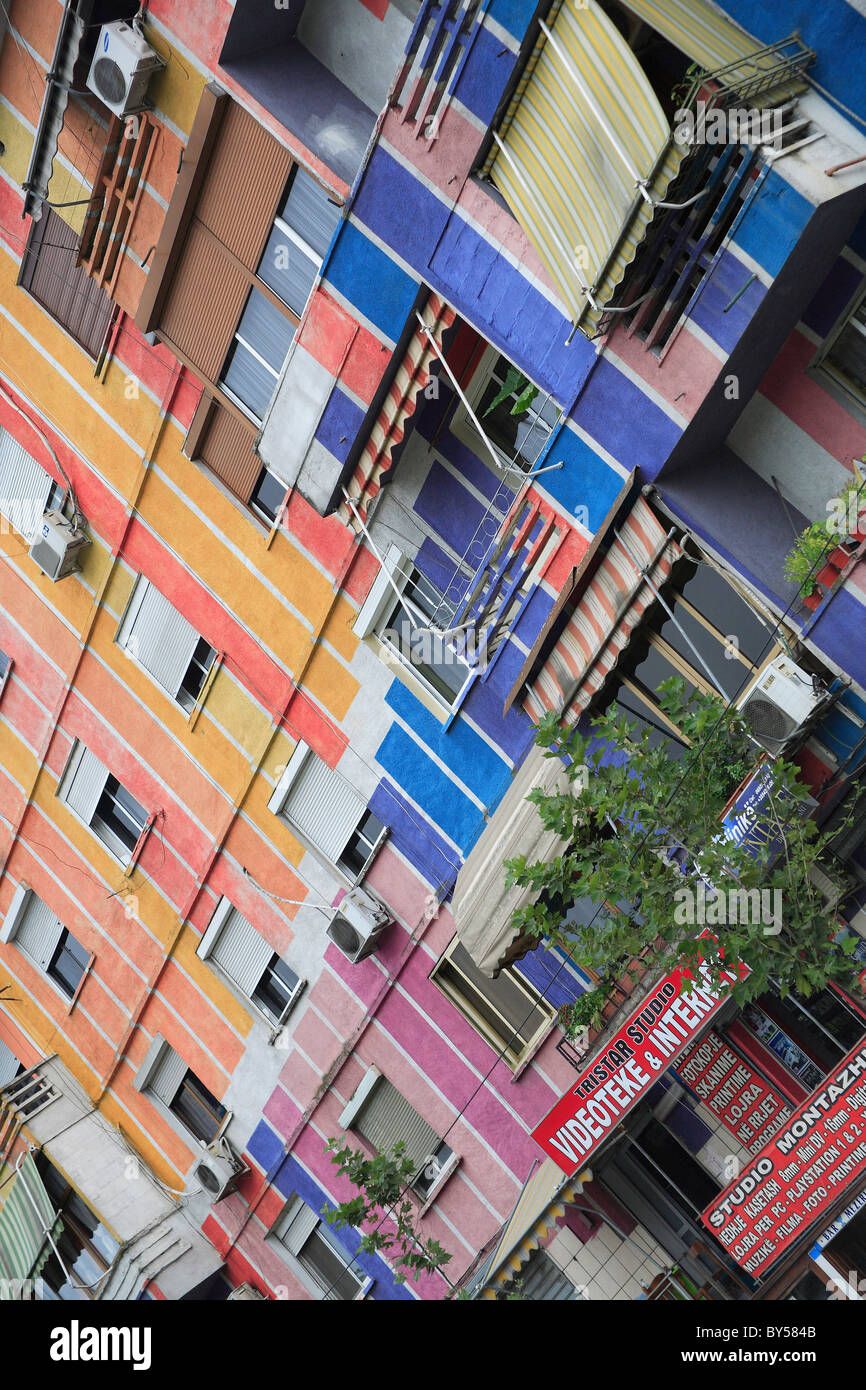 Albania, Tirane, Tirana, Exterior of multi-coloured apartment block ...