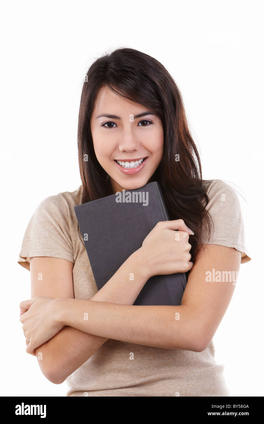 Young female hug her book, isolated on white Stock Photo - Alamy