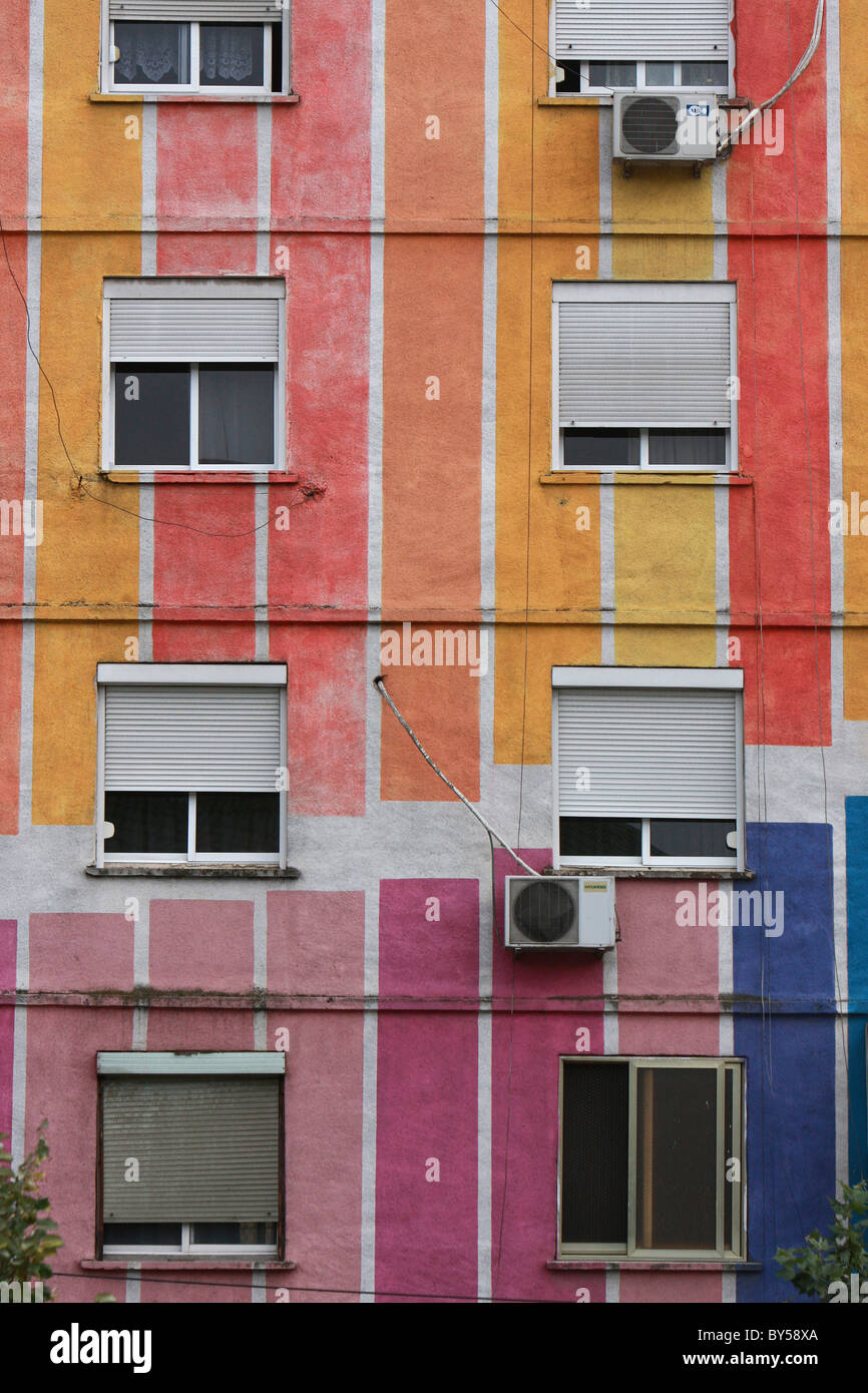 Albania, Tirane, Tirana, Exterior of multi-coloured apartment block ...