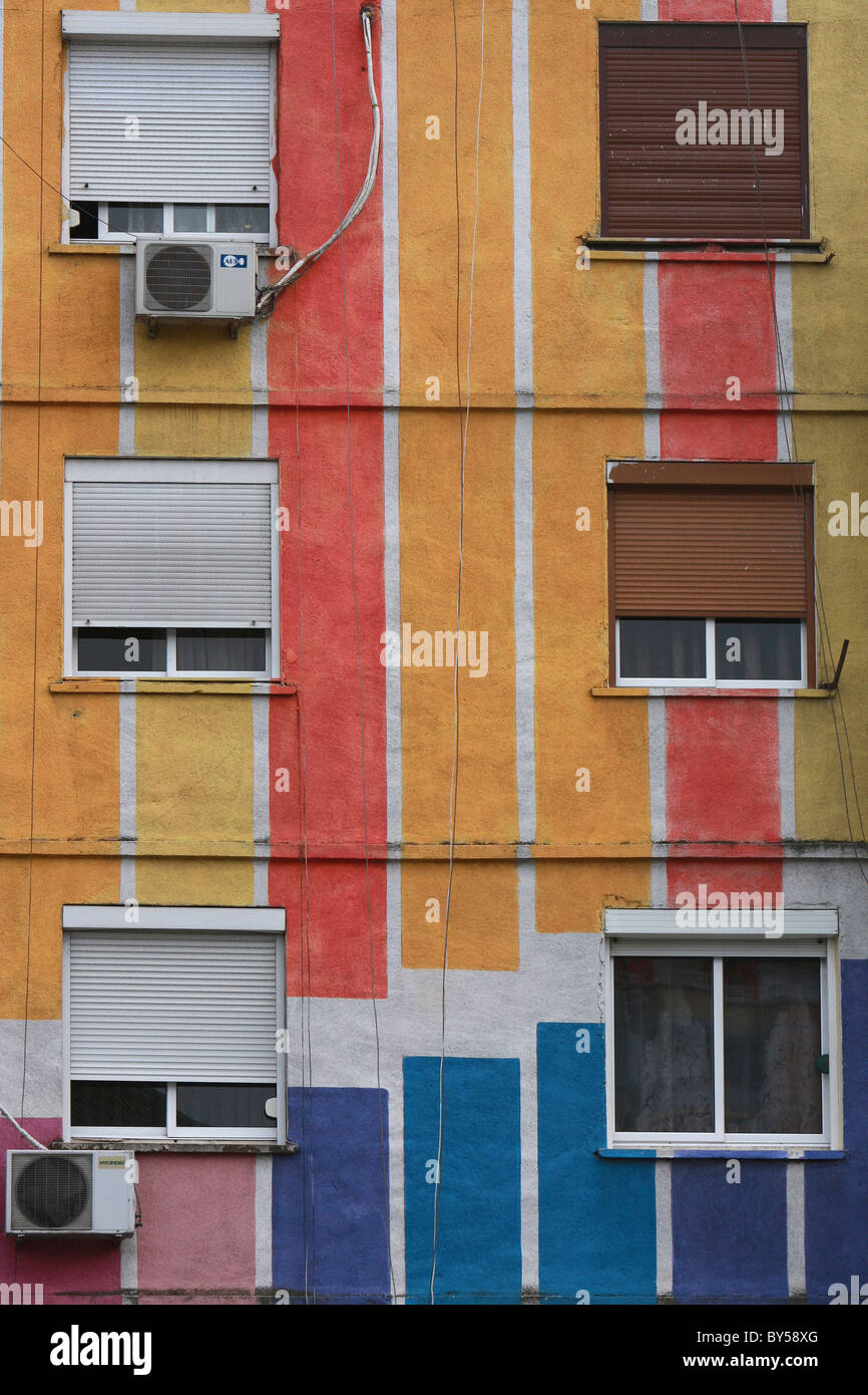 Albania, Tirane, Tirana, Exterior of multi-coloured apartment block ...