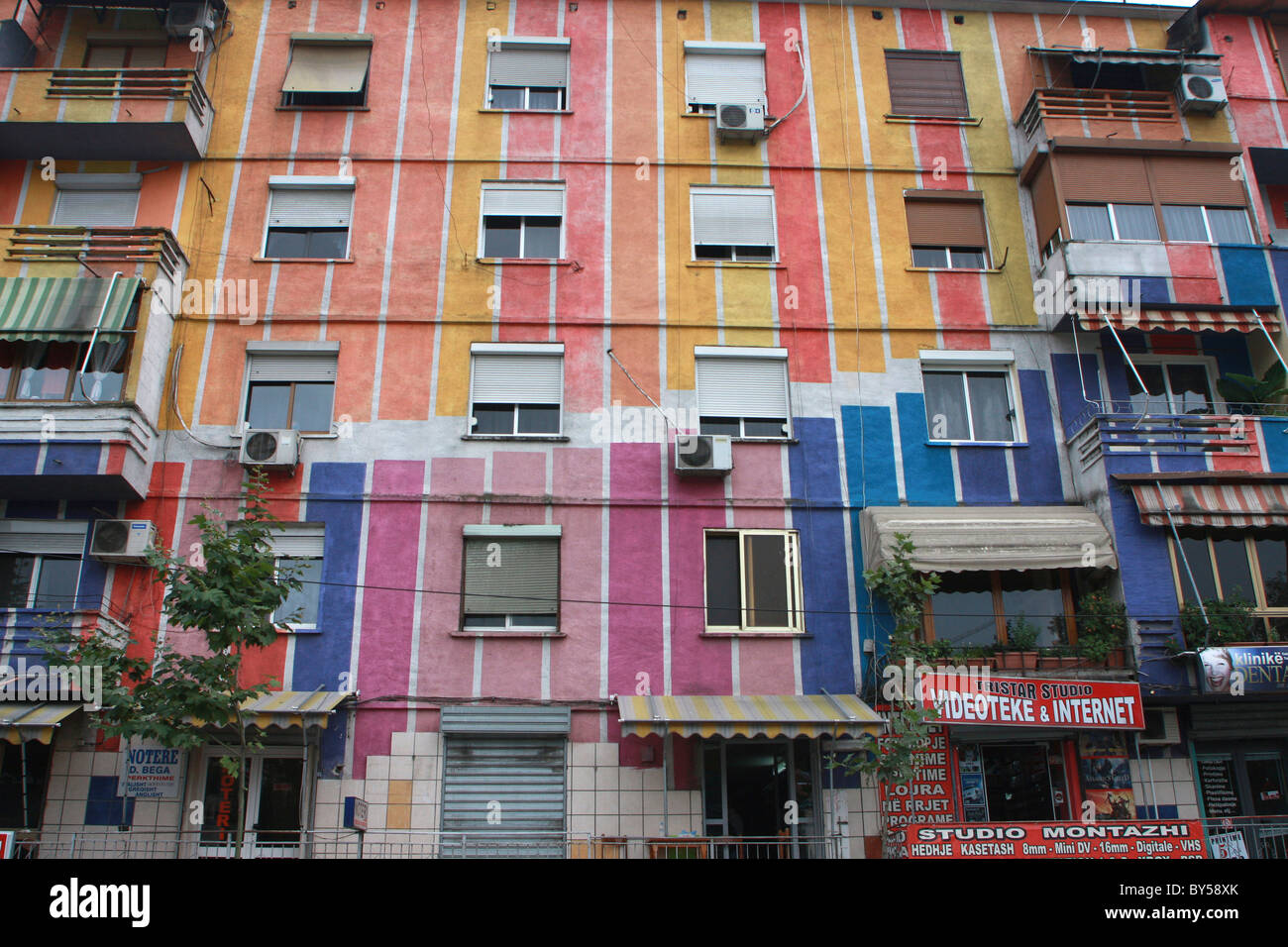 Albania, Tirane, Tirana, Exterior of multi-coloured apartment block ...