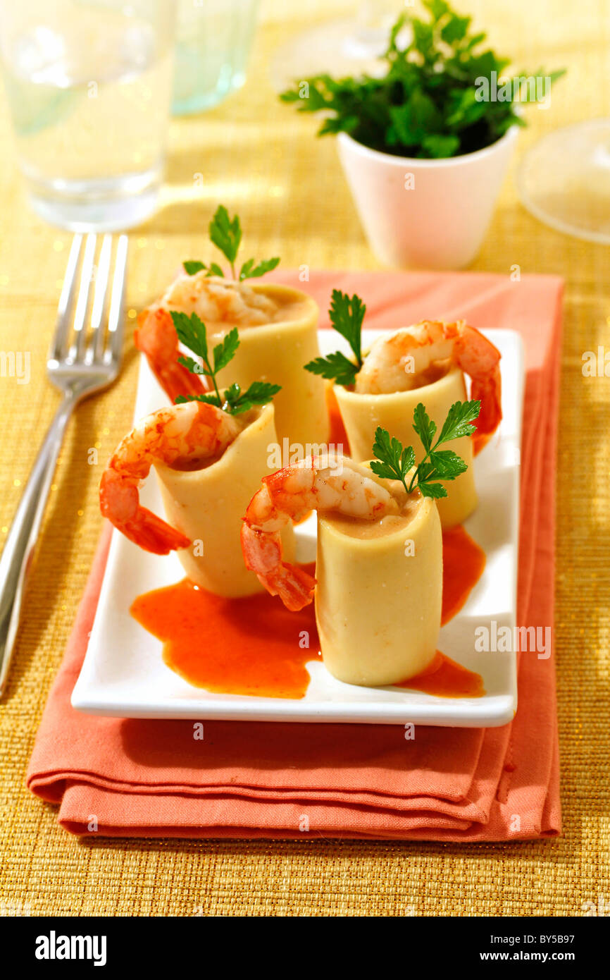 Stuffed pasta with monkfish and shrimps. Recipe available Stock Photo ...