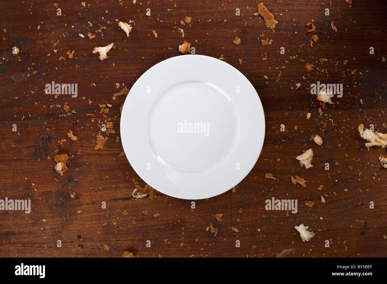 A clean plate on a table with crumbs Stock Photo - Alamy