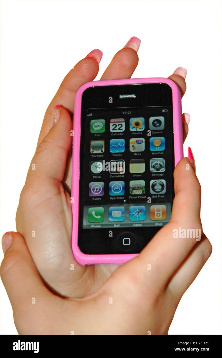 woman hands holding pink iphone, isolated on white Stock Photo - Alamy