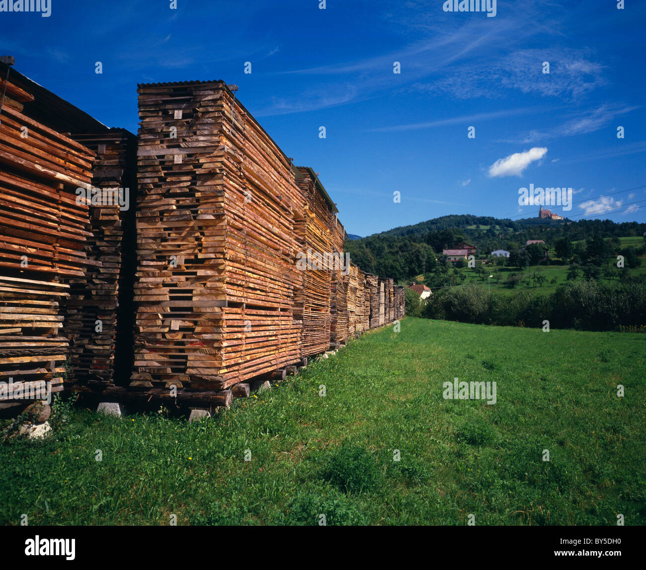 Austria, Pollautal, Styria - local fir timber planks from forestry at ...