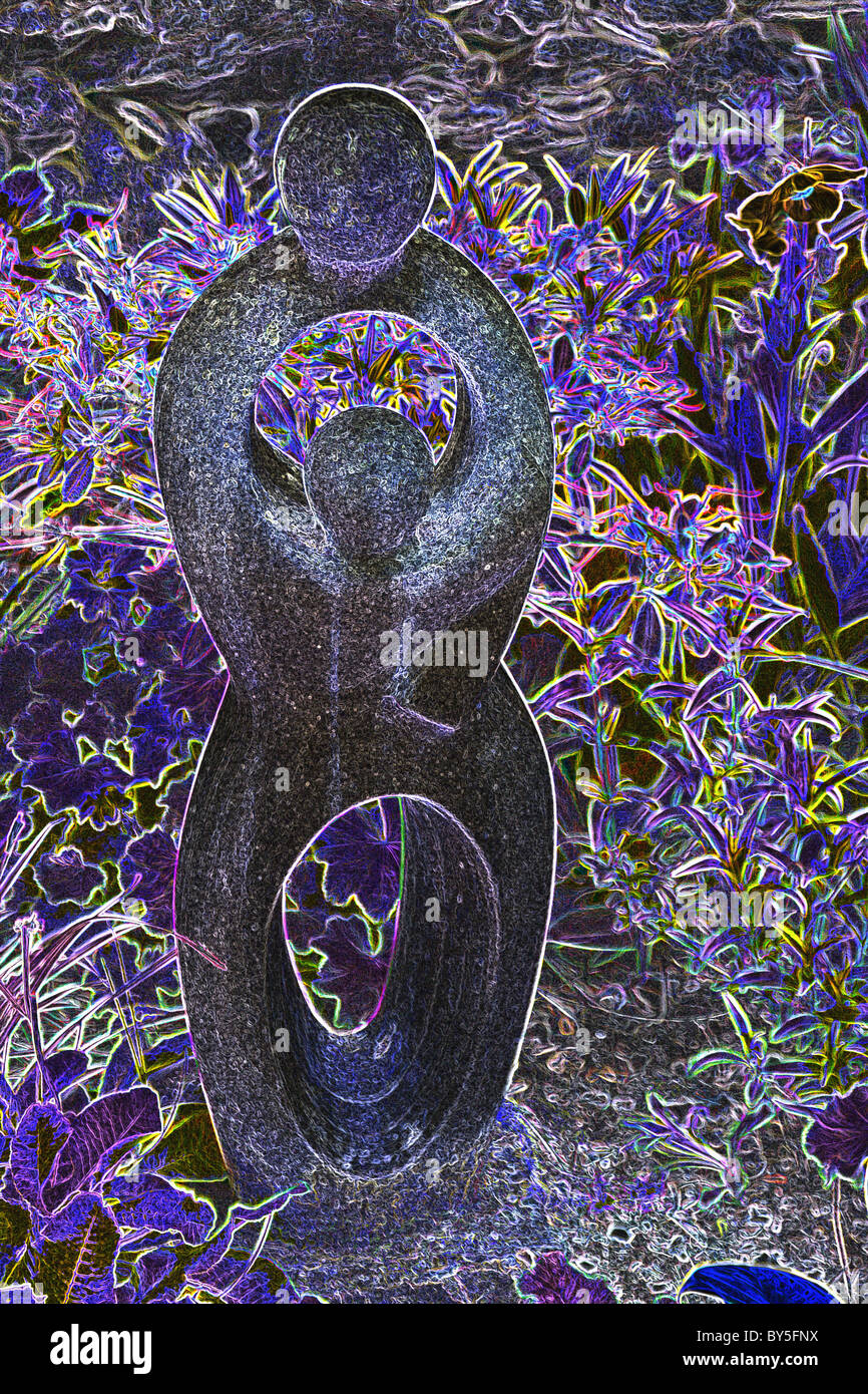 Psychedelic garden statue of mother embracing child Stock Photo - Alamy