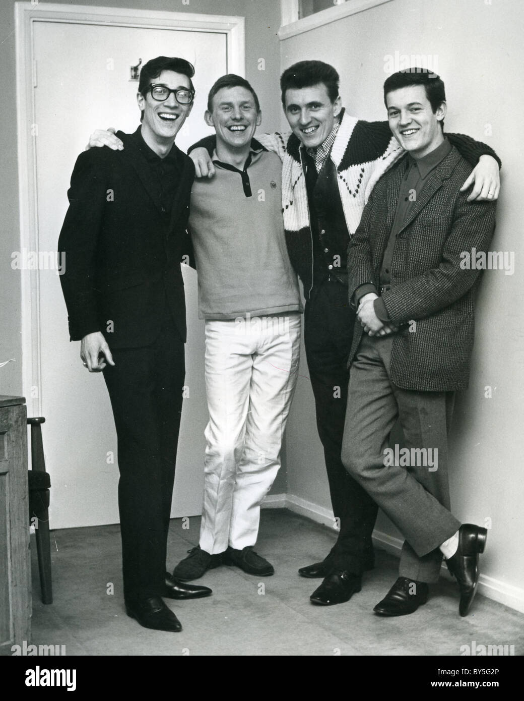 SHADOWS UK pop group about 1963 from l: Hank Marvin, Brian Locking, Bruce Welch, Brian Bennett ...