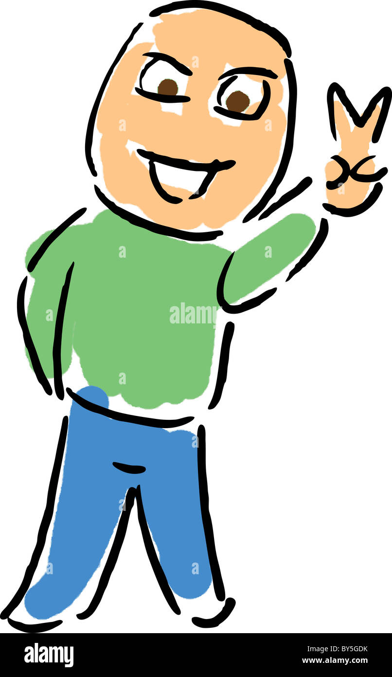 Cartoon man flashing victory or peace hand signal illustration Stock ...