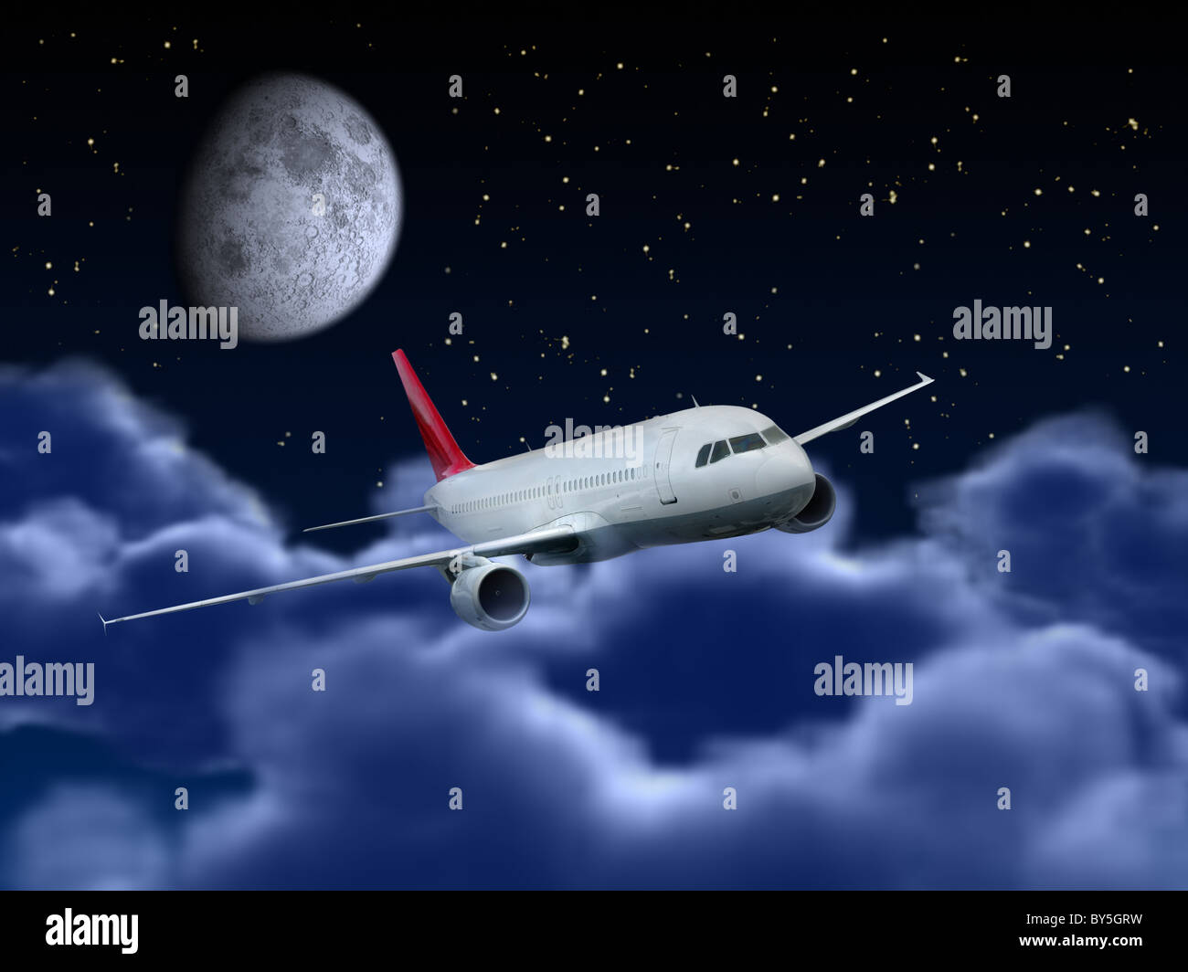Dream flight concept - Passenger airplane flying above night cloudy sky ...