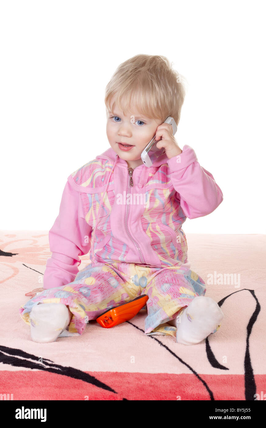 cute baby girl talking on mobile phone isolated on white Stock Photo ...