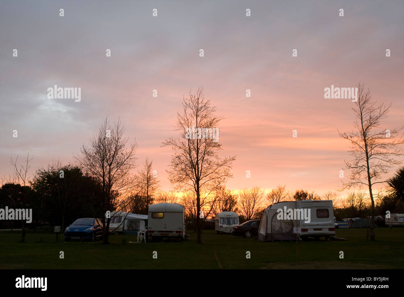 Sunset at caravan park in Cornwall Stock Photo - Alamy