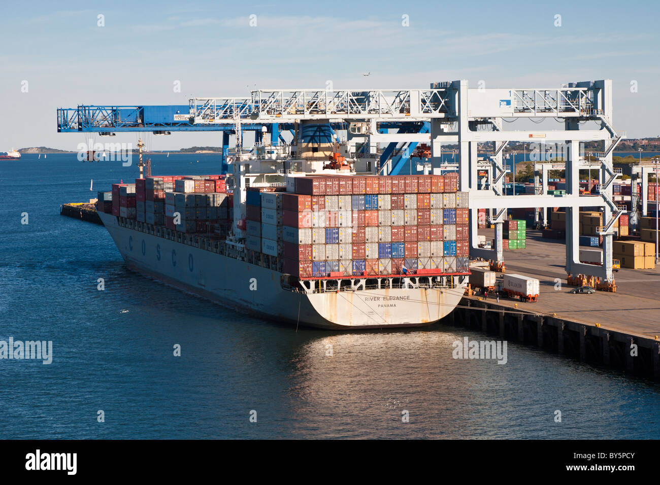 Container ship being loaded in Boston Harbor, Boston, Massachusetts ...